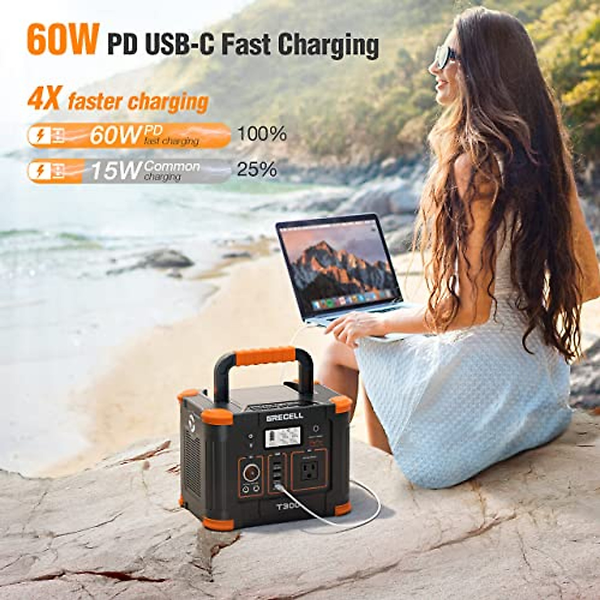 Portable Power Station 300W, GRECELL 288Wh Solar Generator with 60W USB-C PD Output, 110V Pure Sine Wave AC Outlet Backup Lithium Battery for Outdoors Camping Travel Hunting Home Blackout (600W Surge)