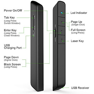 Norwii Presentation Clicker Green Light Pointer USB Rechargeable Wireless Presenter PowerPoint Clicker Hyperlink Presentation Remote Control Slide Advancer RF 2.4GHz for Keynote/Mac/PC/Laptop …