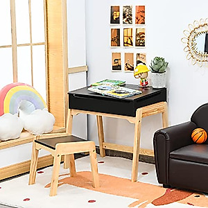 Costzon Kids Table and Chair Set, Wooden Lift-top Desk & Chair w/Storage Space, Safety Hinge, Gift for Toddler Drawing, Reading, Writing, Homeschooling, Children Activity Table & Chair (Black)