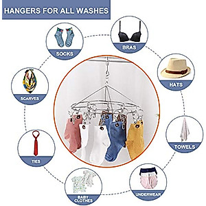CenYouful Stainless Steel Round Hanging Drying Rack with 20 Clips for Drying Socks, Baby Clothes, Bras, Towel, Underwear, Hat, Scarf, Pants, Gloves