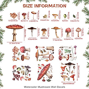 Glenmal 72 Pcs Watercolor Mushroom Wall Decals Giant Mushroom Decal Walls Peel and Stick Removable Mushroom Wall Decor Wallpaper Vinyl Wall Sticker for Bedroom Furniture(Retro Style)