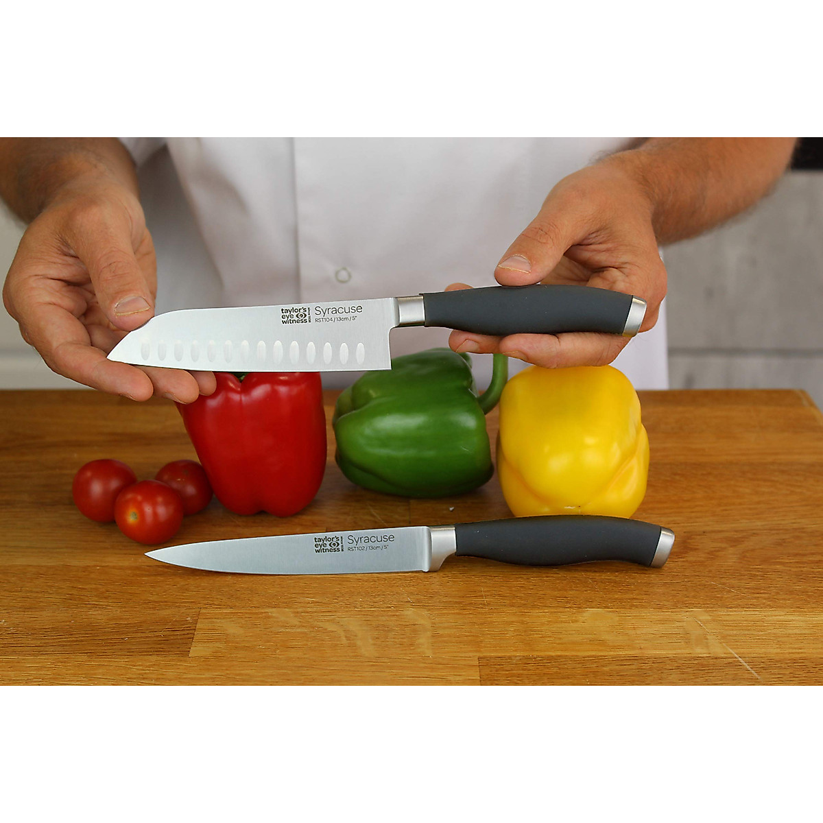 Taylors Eye Witness Syracuse Asian Kitchen Knife Set - Chefs Santoku 13cm/5” & Cooks All Purpose 13cm/5” Cutting Edge, Multi Use. Ultra Fine, Razor Sharp Blade. Soft Textured Grip Matte Black Handle.