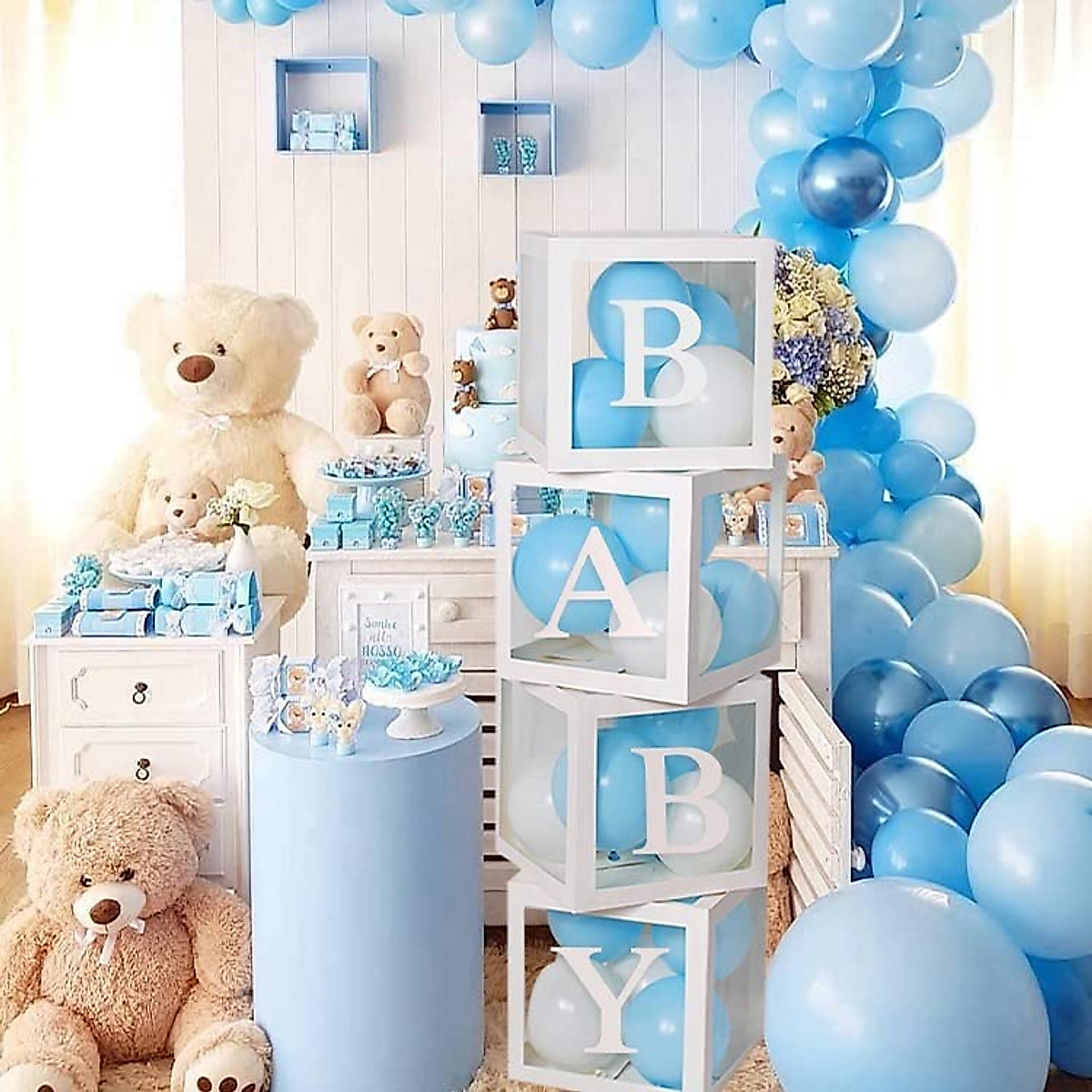ToBsoft 4pcs Baby Shower Boxes with 52 Letters (2 Set A-Z ) Letters and 32 Balloons White Clear Balloon Box Blocks for Baby Shower and Birthday Party, Blue