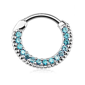Forbidden Body Jewelry 16g 10mm Rounded Top Pave Aqua Blue CZ Clicker Hoop for Septum & Cartilage Piercings