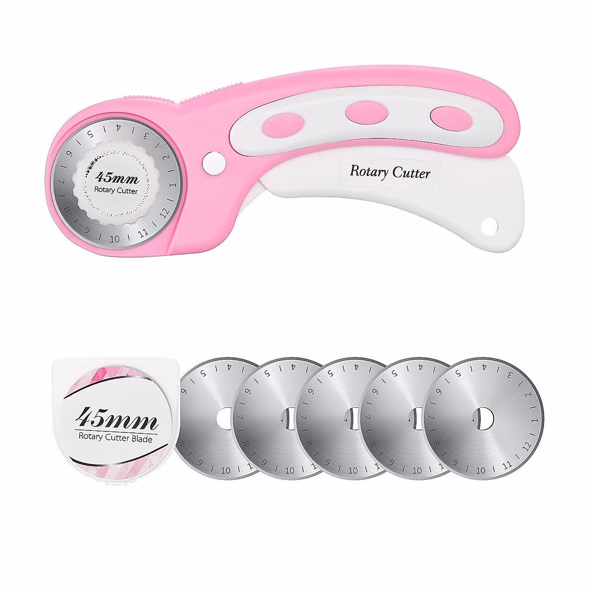 45mm Rotary Cutter with 5pcs Extra Blades, Ergonomic Handle Rolling Cutter with Safety Lock for Fabric, Leather, Crafting, Sewing, Quilting, Fabric Rotary Cutter Perfect for Left & Right Hand(Pink)