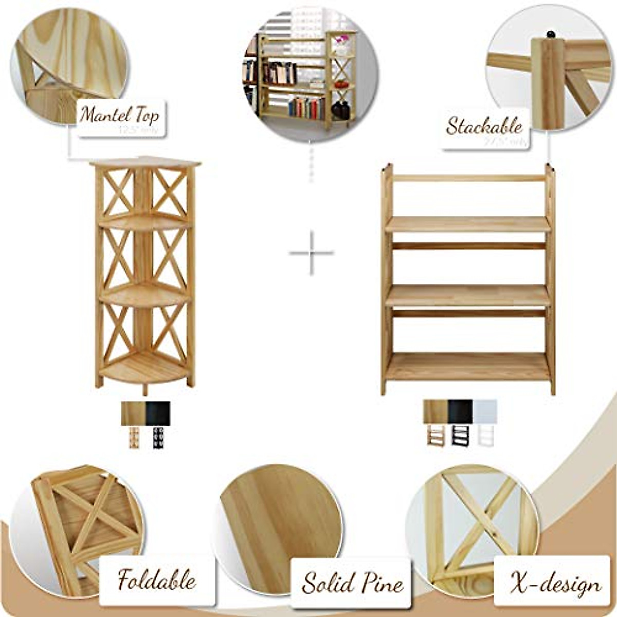 Casual Home Montego 3-Shelf Folding Bookcase, Natural , 27.5" Wide