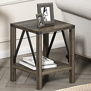 Treocho Farmhouse End Side Table, Rustic Vintage Nightstand with Shelf for Living Room, Bedroom, Grey Wash