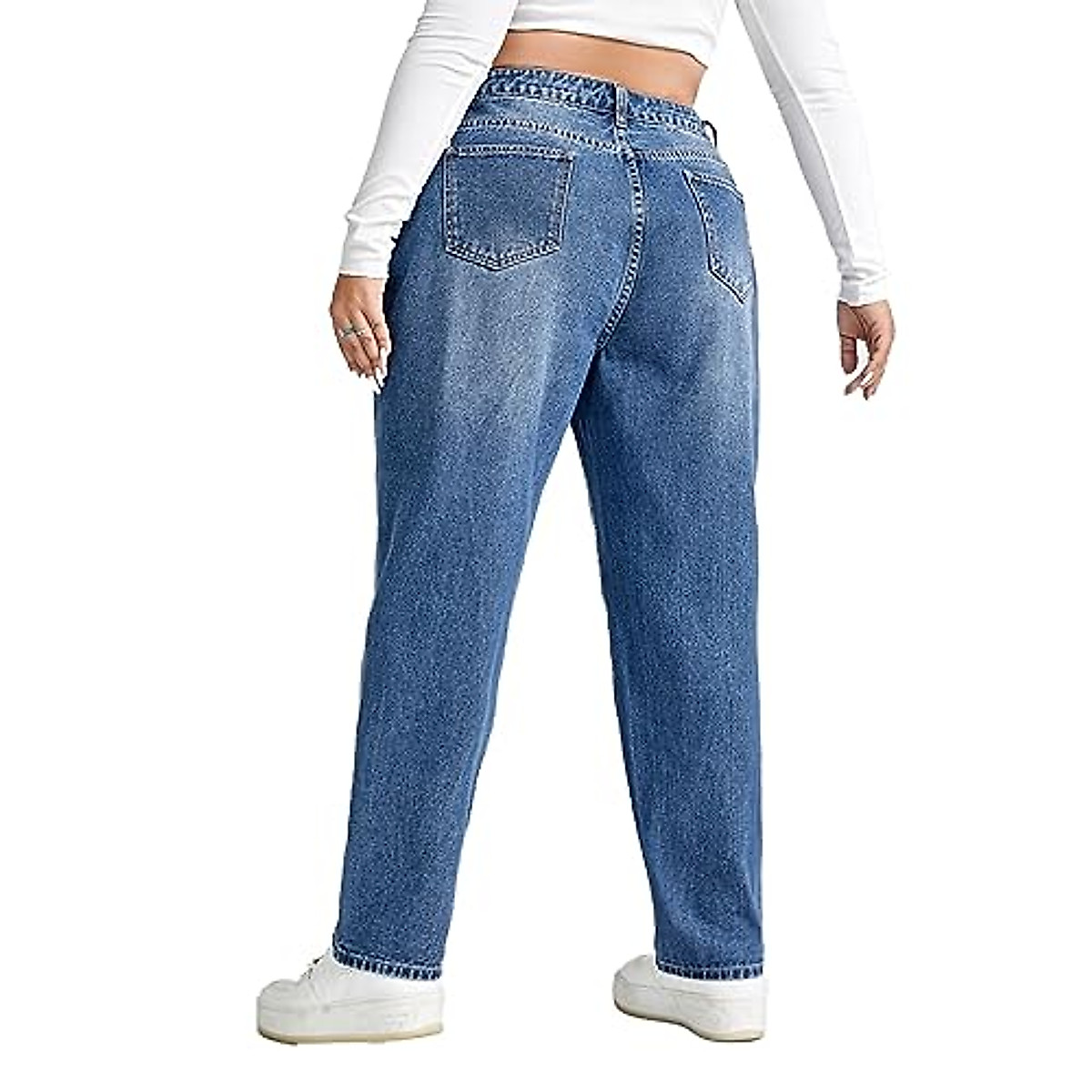 KISSPLUS Plus Size Tapered Jeans for Women High Waist Loose Women Jeans Curvy Stretchy Denim Pants for Women Inseam 30 Light Blue in White 4XL