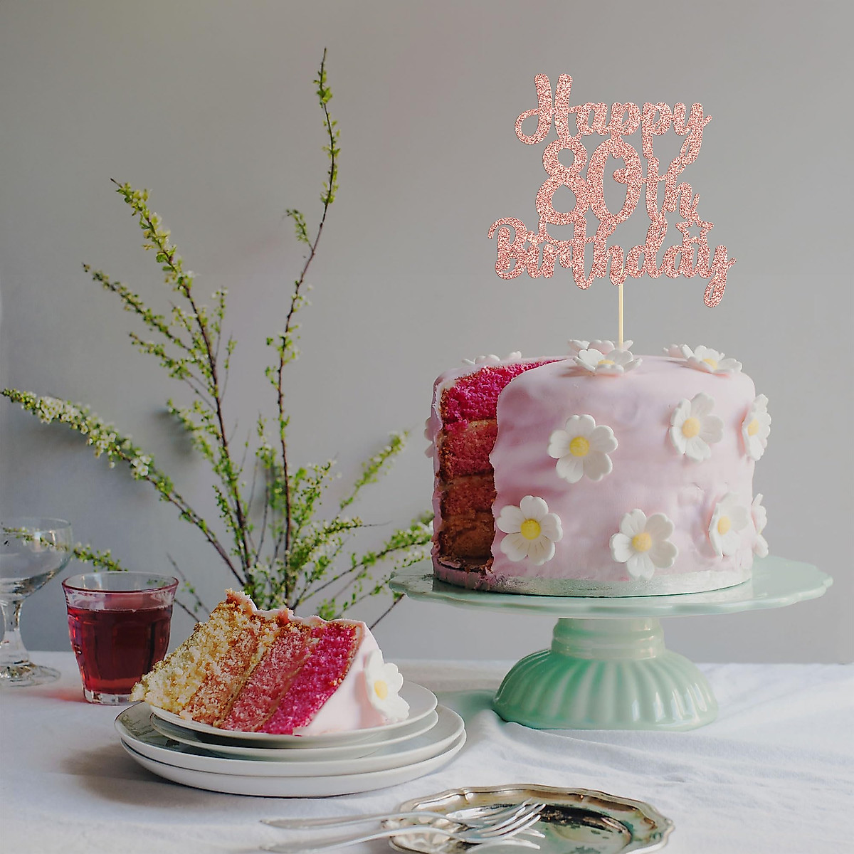 Gyufise 1Pc Happy 80th Birthday Cake Topper Glitter Cheers to 80 Years Old Birthday Cake Pick for Happy 80th Birthday Anniversary Party Cake Decorations Supplies Rose Gold