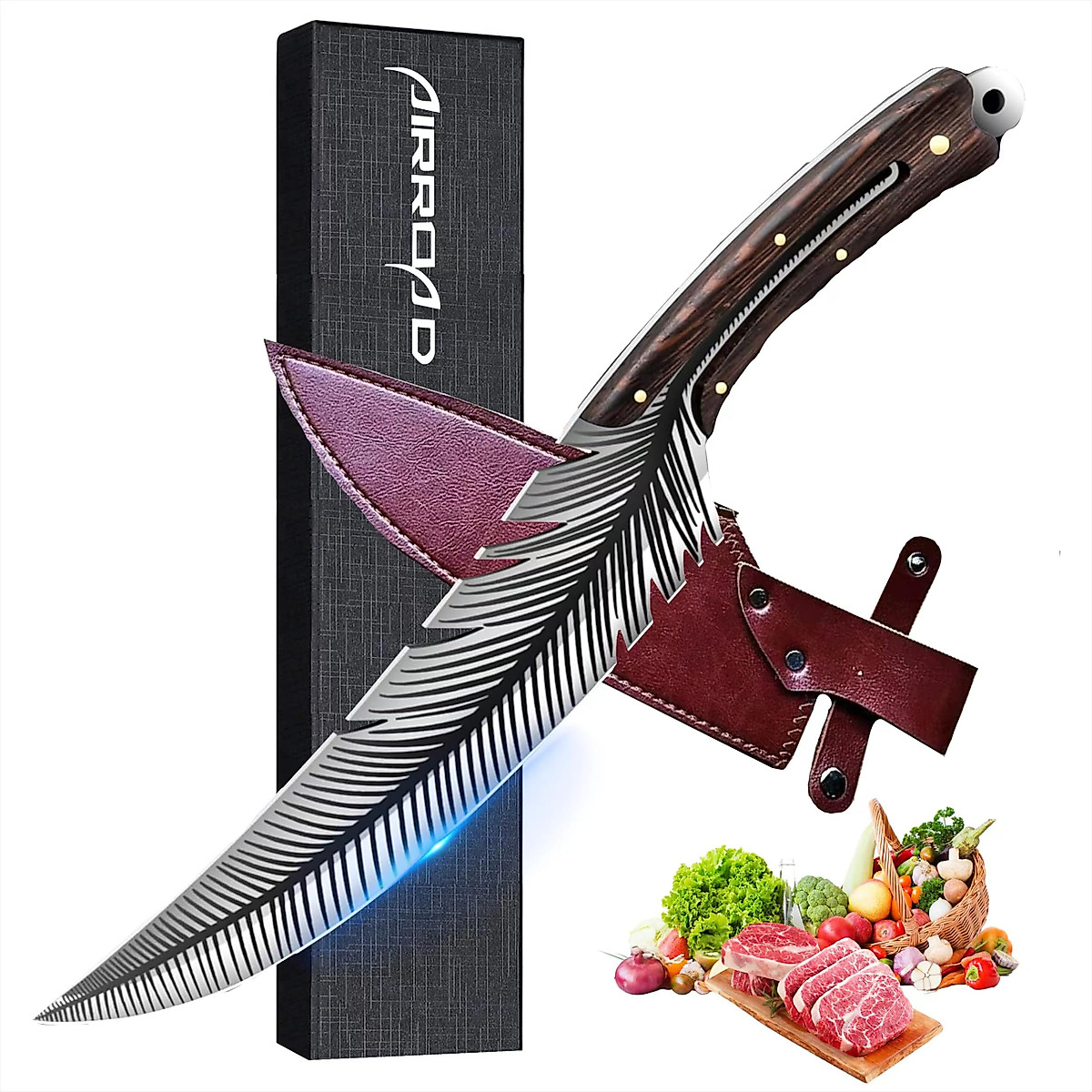 AIRROAD Feather Carving Knife,8 inch Boning Butcher Knife for Meat Cutting, Hand Forged High Carbon Steel Viking Fillet Knife for Brisket Outdoor Camping BBQ Cooking Knife with Sheath Gift for Dad