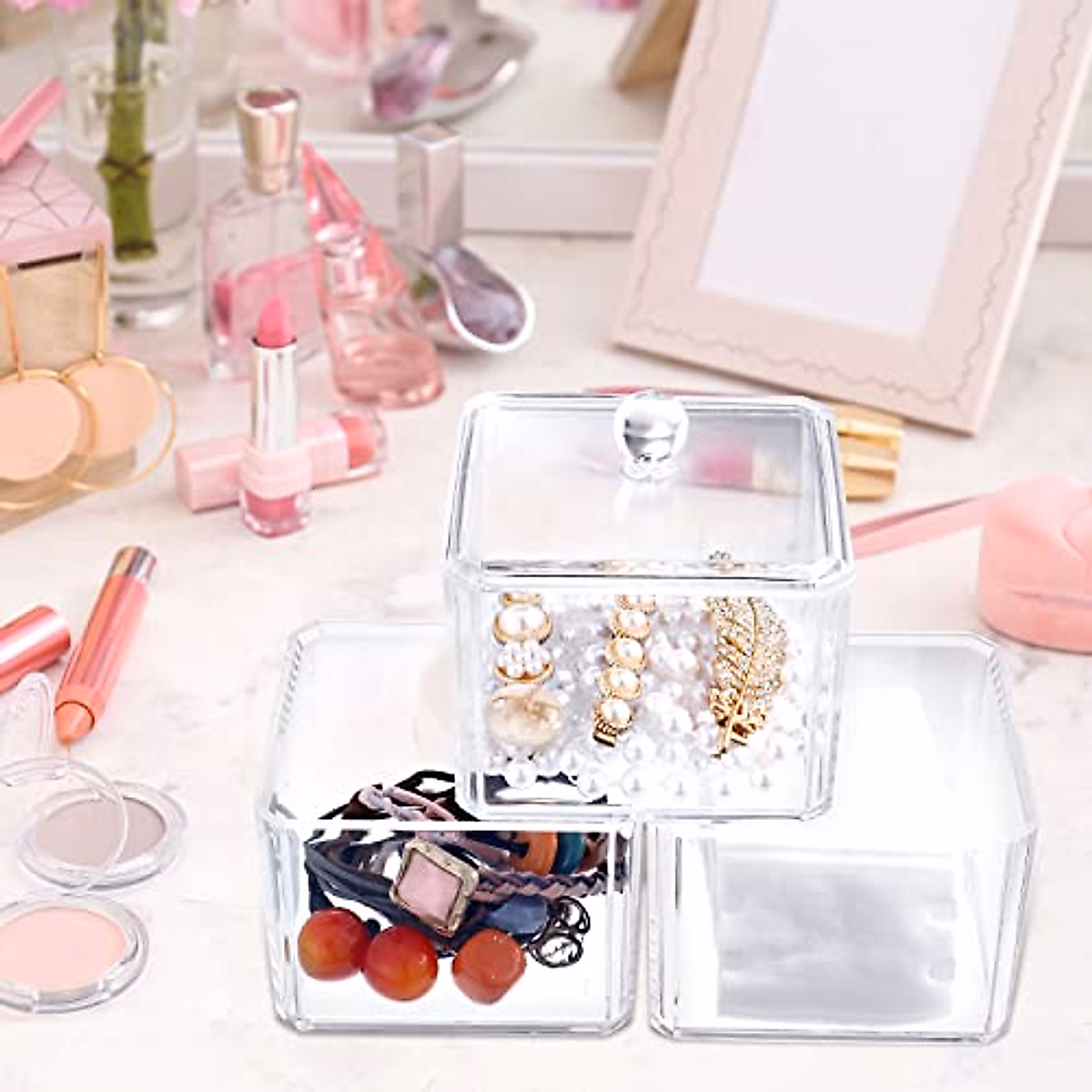Hair Accessories Organizer, 9 Pieces Stackable Organizer Holder Storage with Lids Acrylic Clear Hair Tie Organizer Bathroom Hair Bow Containers for Girls Headband Scrunchie Makeup Accessory Organizing