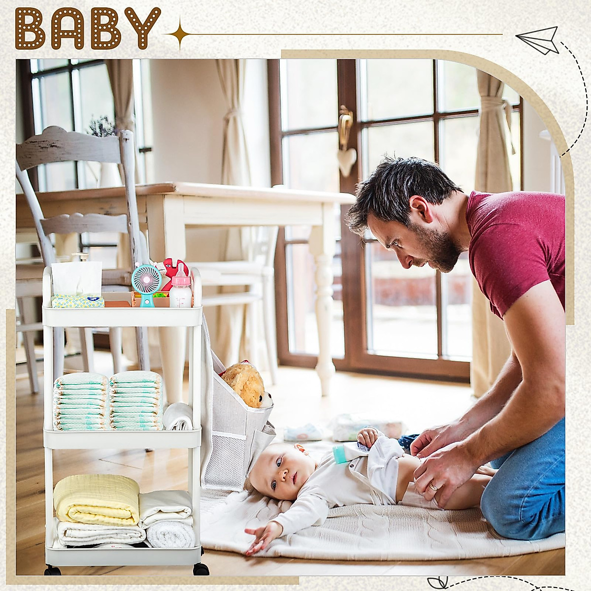 Barydat Baby Diaper Cart with Wheels and Handle 3 Tier Rolling Cart Diaper Organizer with Hanging Diaper Stacker Nursery Caddy Baby Organizer for Storage Baby Clothes, Wipes, Bibs, Changing Table Mats