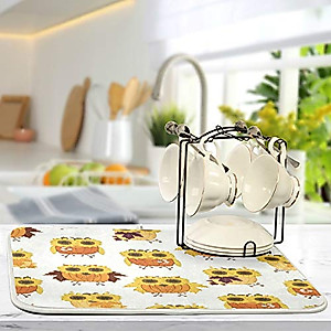 Nander Lovely Owl Pumpkin Sunflower Eyes Dish Drying Mat for Kitchen Counter, Absorbent Reversible Dish Draining Mat,Rack Pad for Countertop, 18 x 24 Inches