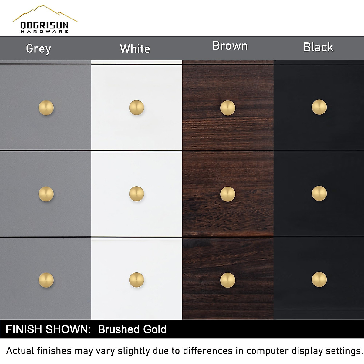 QOGRISUN 10-Pack Solid Brass Cabinet Knobs, Round Ball Gold Knobs for Dresser Drawer, 1.1-Inch Diameter, Sphere Cabinet Pulls, Brushed Brass Finish