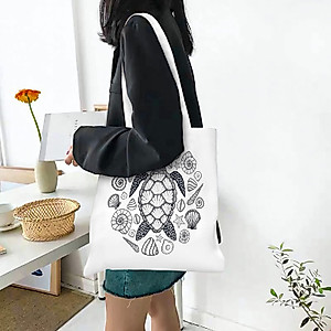 TifyDon Canvas Tote Bag,Tropical Turtle Shells Reusable Large Shopping Shoulder Tote Bag For Women,Sea Art Style Top View Ocean Boho Doodle Tribal Artwork Carapace Beach Tote Bags Bulk