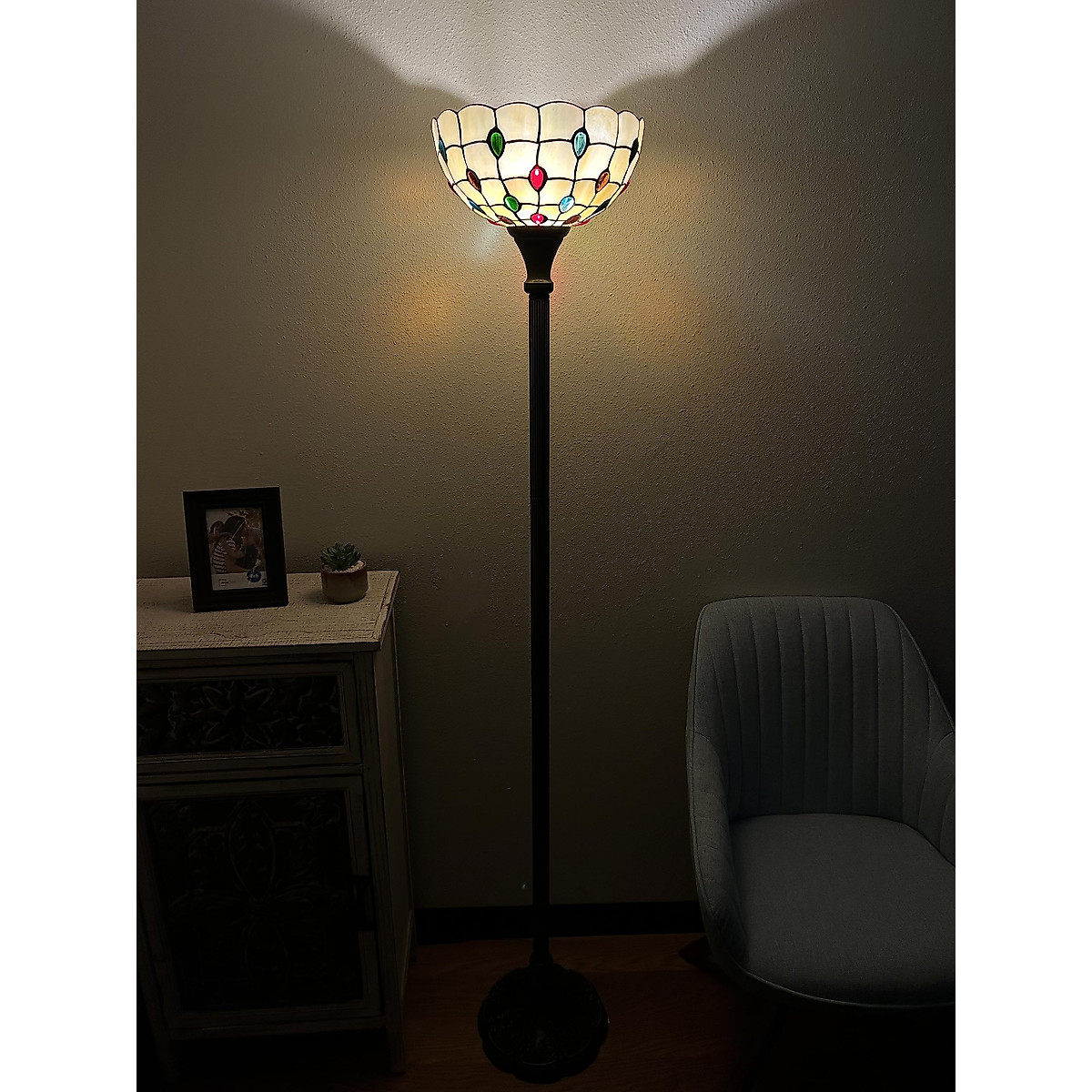 enjoy decor lamps Tiffany Torch Floor Lamp Gold Stained Glass Peacock Tail Crystal Beans LED Bulb Included for Living Room Dining Room Bedroom 12" W*12" D*66" H