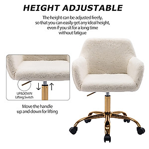 KCC Faux Fur Office Desk Chair, Comfy Swivel Armchair with Wheels, Upholstered Fuzzy Vanity Chair, Adjustable Height, White