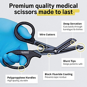 Madison 7.5" Premium Stainless Steel Nurse Scissors with Non-Stick Blades, Fluoride-Coated - 1pk, Black
