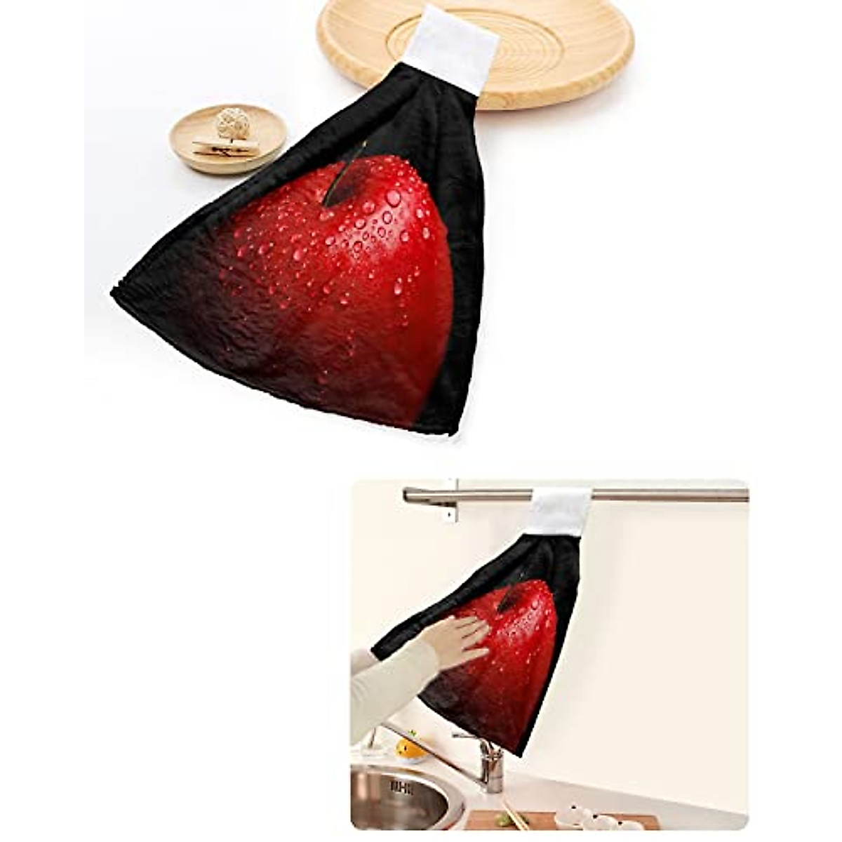 Red Apples with Water Drops Hanging Kitchen Towels Soft Absorbent Hand Tie Towels Set with Hook&Loop, Close-up Fruit Art on Black Tea Bar Dish Cloths Towel for Bathroom Laundry Room BBQ, 2pc