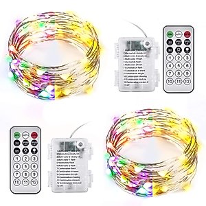 Ariceleo 2 Packs Warm White & Multi-Color Battery Operated String Lights, 5M/16.4ft. 50 LEDs Remote Control Timer 12 Modes Optional Twinkle Battery Powered Fairy Lights Sliver Wire Firefly Lights