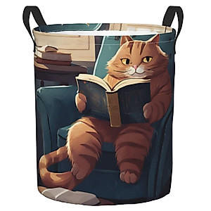 Delerain Funny Cat Laundry Basket, Waterproof Laundry Hamper with Handles, Collapsible Toy Bins Dirty Clothes Round Storage Basket for Home Bathroom Office Nursery, 16.5X13.8(S)