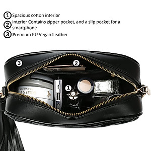 Daisy Rose Quilted Chevron Shoulder Cross Body Bag & Detachable Tassel, PU Vegan Leather - Black