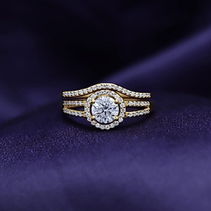 SAVEARTH DIAMONDS 1 Carat Center 6MM Round Cut Lab Created Moissanite Diamond Halo Split Shank Bridal Set Engagement Ring In 14K Yellow Gold Over Sterling Silver (VVS1 Clarity, 1 Cttw)-8.5