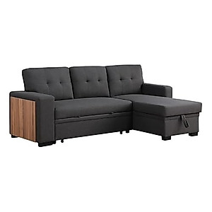 Devion Furniture 92" W Modern L-Shaped Polyester Fabric Upholstered Reversible Side Compartment Sleeper Sectional Sofa Bed with Chaise in Dark Gray Finish