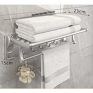 Bathroom Shelves Stud Mount Double Towel Rack Stainless Steel Constructed Rust-Proof Shelf with Built-in Bars and Hooks, Brushed Nickel Concealed Screw (Color : Silver, Size : 60cm)