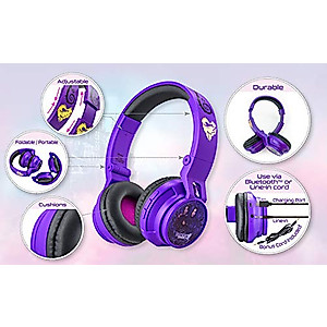 eKids Descendants Kids Bluetooth Headphones for Kids Wireless Rechargeable Foldable Bluetooth Headphones with Microphone Kid Friendly Sound and Bonus Detachable Cord, DE-B50v9M