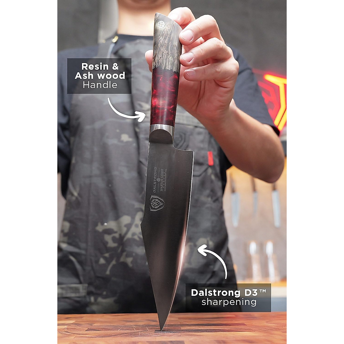 Dalstrong Santoku Knife - 7 inch - Spartan Ghost Series - Premium American Forged S35VN Powdered Steel Kitchen Knife - Razor Sharp Kitchen Knife - Maple & Red Resin Handle - Vegetable Knife - Sheath
