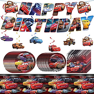 48pcs Cars Birthday Party Supplies Include Banner, Hanging Swirls, Plates, Napkin, Tablecloth for Cars Party Favors, Cars Party Decorations, Sever 10