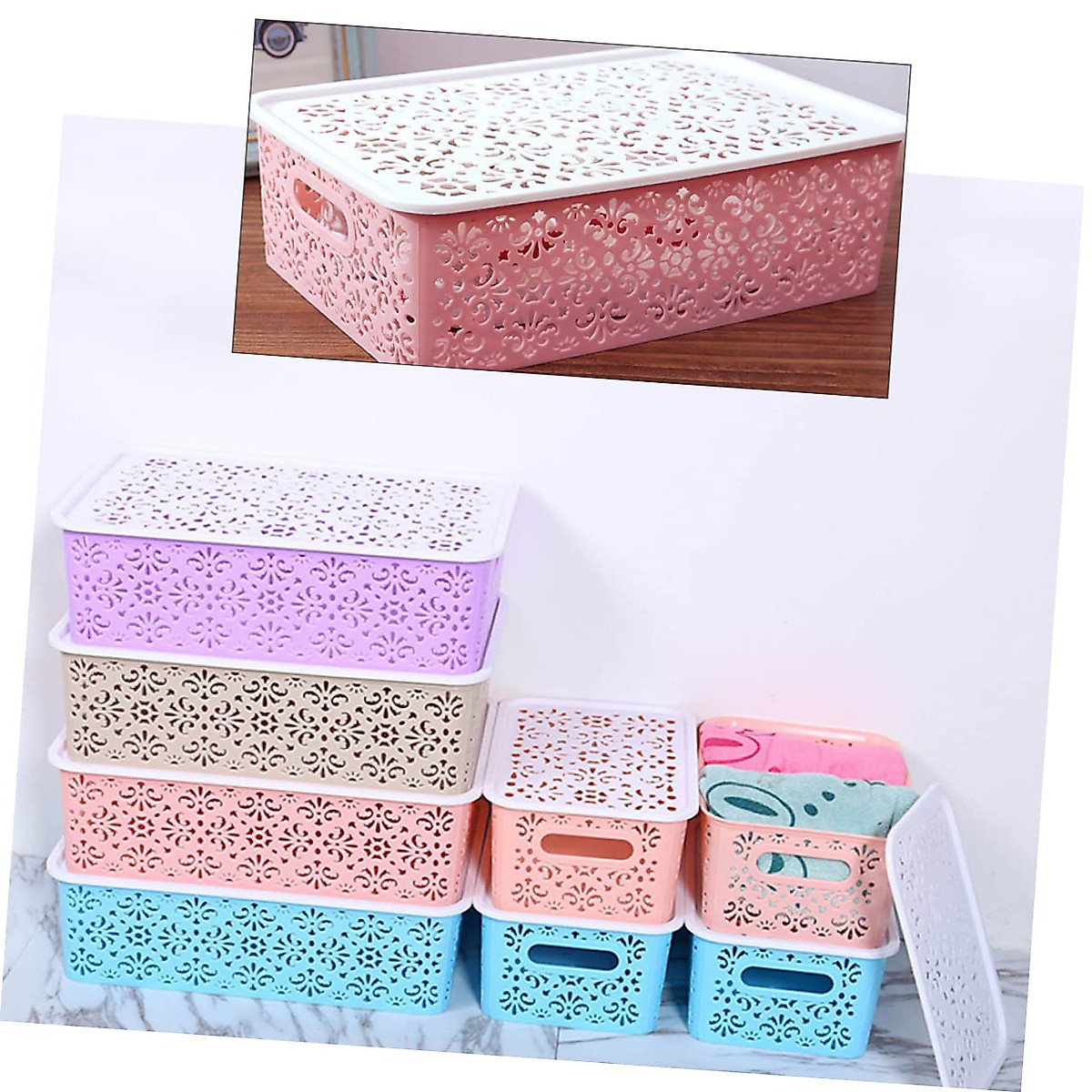 ABOOFAN Box Storage Bins with Lids Hollow Storage Basket Organization Baskets Sundries Organizer Pantry Bins Drawer Organizer Lidded Storage Bins Clothes Storage Basket Food Laundry Basket