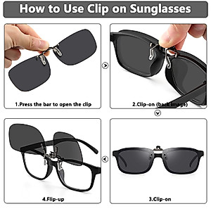 CAXMAN Polarized Clip On Sunglasses Over Prescription Glasses or Reading Glasses for Men Women Flip Up Rimless Rectangle Lens Cover Eyeglasses, Grey Lens, 60 * 42mm