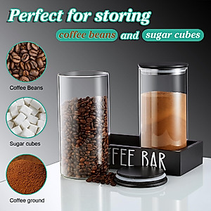 Glass Coffee Canister for Ground Coffee - 2Pcs 45oz Coffee and Sugar Container Set with Airtight Bamboo Lids and Black Tray - Farmhouse Coffee Bean Storage Jars for Coffee Bar Decor and Accessories