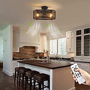 SADENICEL Farmhouse Low Profile Caged Ceiling Fan with Lights Remote Control,17 Inch Industrial Bedroom Ceiling Fan, Bladeless Ceiling Fan with Lights for Kitchen, Bedroom, Dining Room