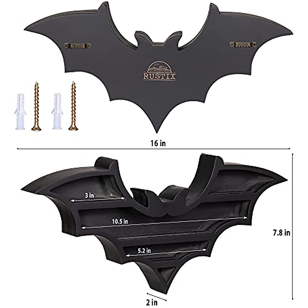 RUSTIX Black Vampire Bat Shelf - Crystal Holder for Spooky Horror Gothic Witchy Room Decor - Wall Mounted Hanging Floating Wooden Shelves for Goth Kitchen Bedroom or Bathroom