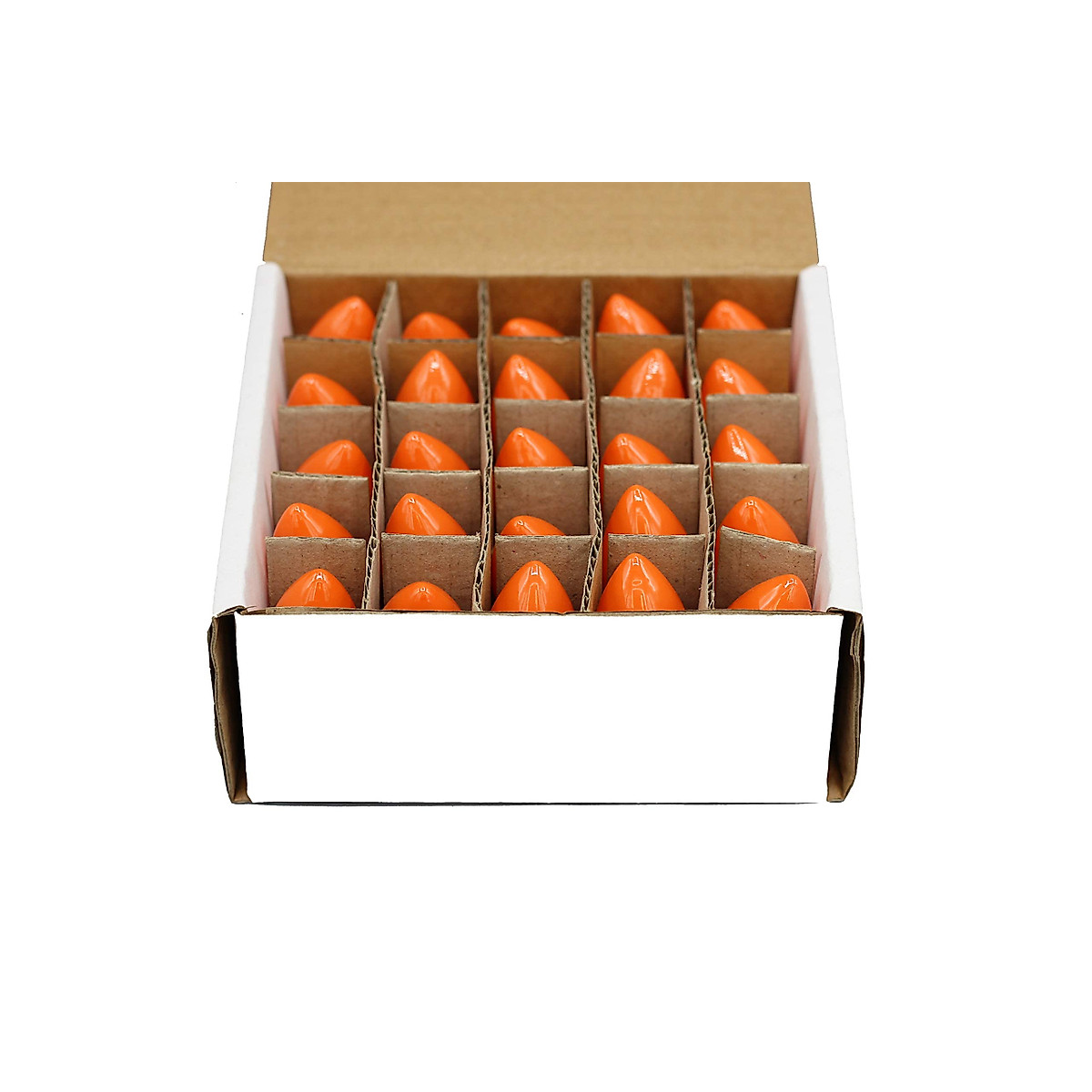 Creative Hobbies® Box of 25 Light Bulbs, Ceramic Opaque Orange, Steady Burning, 7 Watt Incandescent, C7 Candelabra Base - Great for Christmas Strings and Halloween