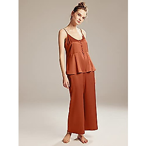 AW BRIDAL Satin Pajamas Set Sexy Silk Sleeveless Pjs Set Soft Camisole Tops and Pants 2 Pieces Sleepwear for Women Bride, Burnt Orange L