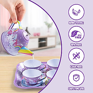 JOYIN Unicorn Tea Party Set for Little Girls, Pretend Purple Tin Teapot Set, Princess Tea Time Play Kitchen Toy with Teapot, Cup, Plate, Carrying Case for Birthday Easter Gift Kids Toddler Age 3 4 5 6