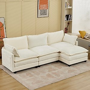 Sectional Couches for Living Room | Comfy Cloud Couch Modern Chenille L-Shaped 115” Cream Modular Sectional Sofa with Moveable Ottoman & Pillows | Extra Deep Seat Sofa (White Couch, 3-Seat Upgrade)