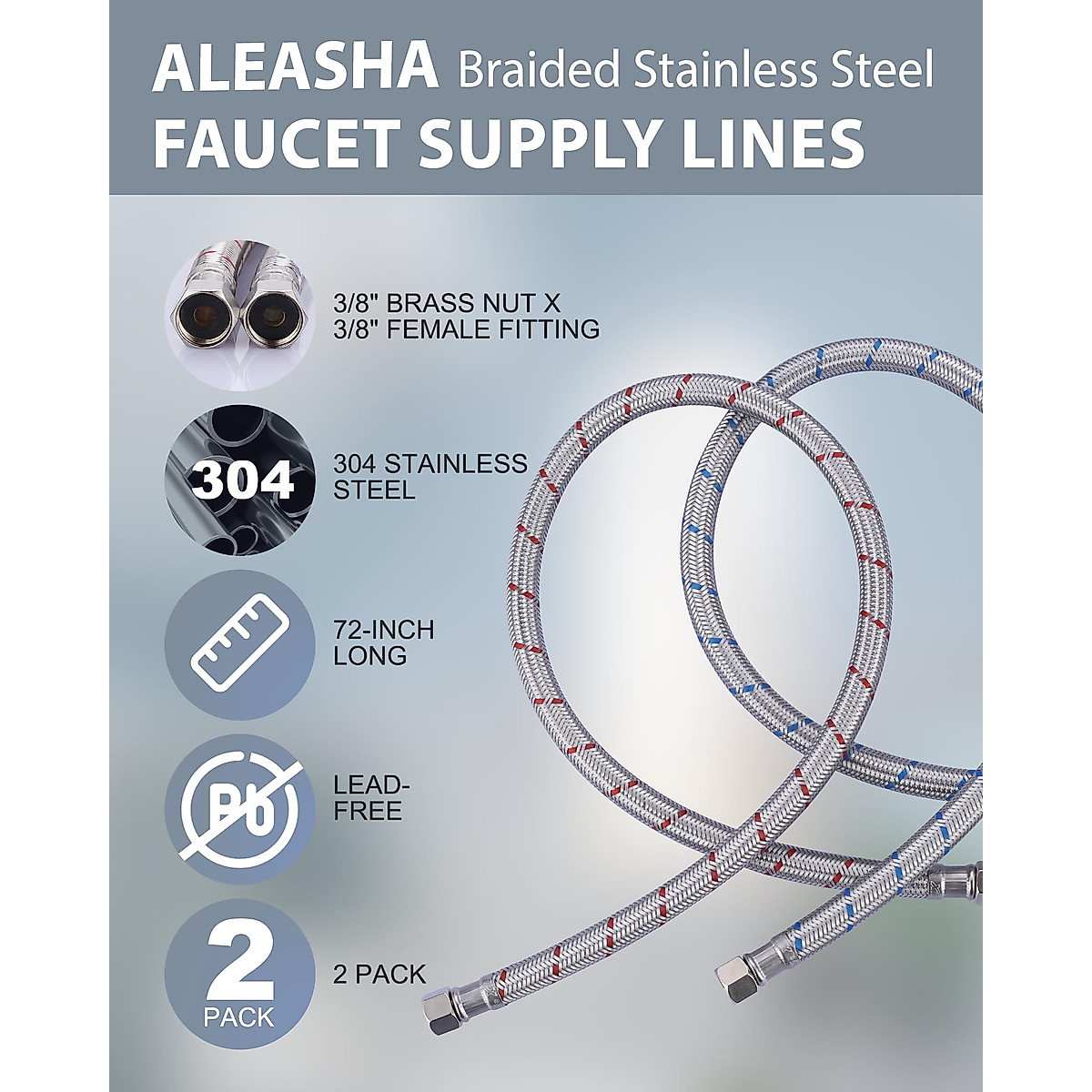 ALEASHA 72” Length Faucet Supply Lines,Flexible Faucet Hose Connector 3/8" to 3/8" Female Compression Thread Stainless Steel Braided Bathroom Kitchen Faucet Extension Water Supply Line,2Pcs