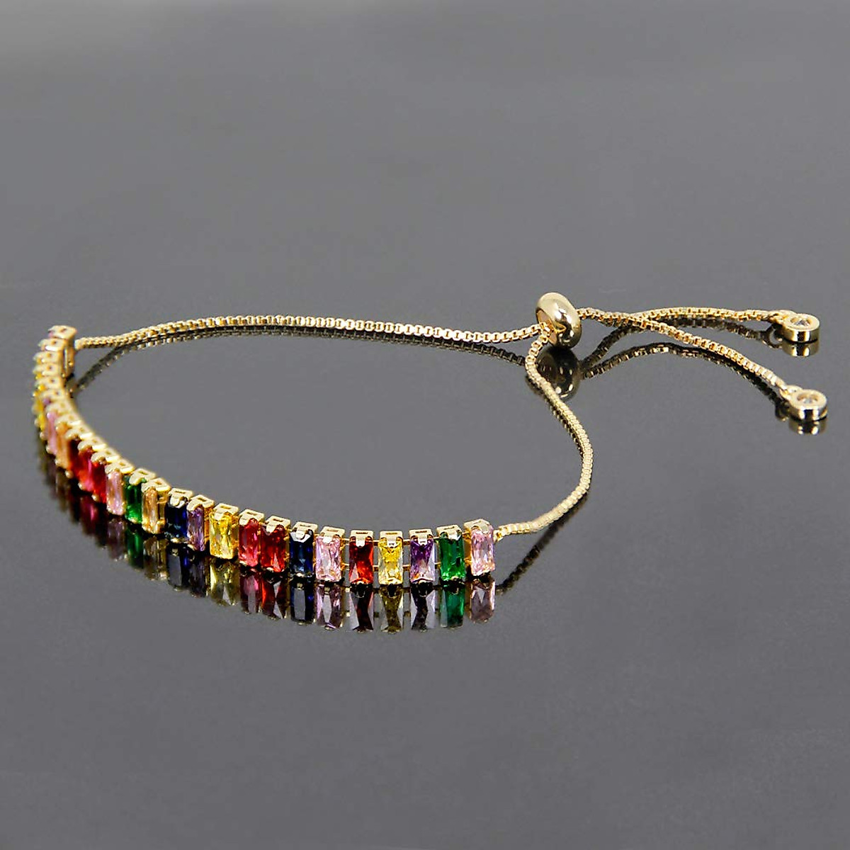 by You Women Fashion Cubic Zirconia Charm Tennis Adjustable Pull String Bracelet Gold Silver Color (Multi Rectangle 5mm - Gold)