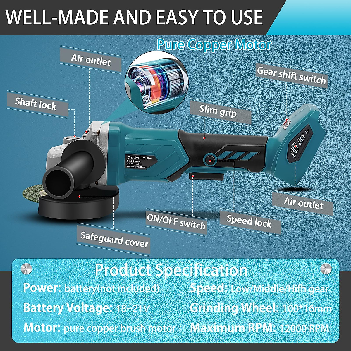 Angle Grinder, 4inch Cordless Angle Grinder with 9 Grinding Wheels,12000RMP 18V/21V Power Grinder, Cutting/Deburring/Derusting Grinder Tool (No Battery)