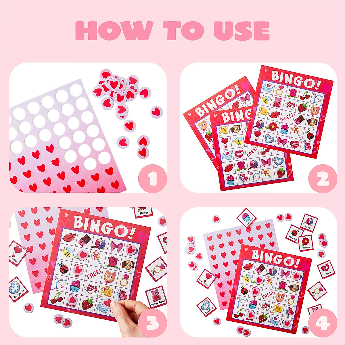 JOYIN 28 Players Valentine's Day Bingo Set, Game Cards for Kids School Classroom Party Supplies, Family Activity