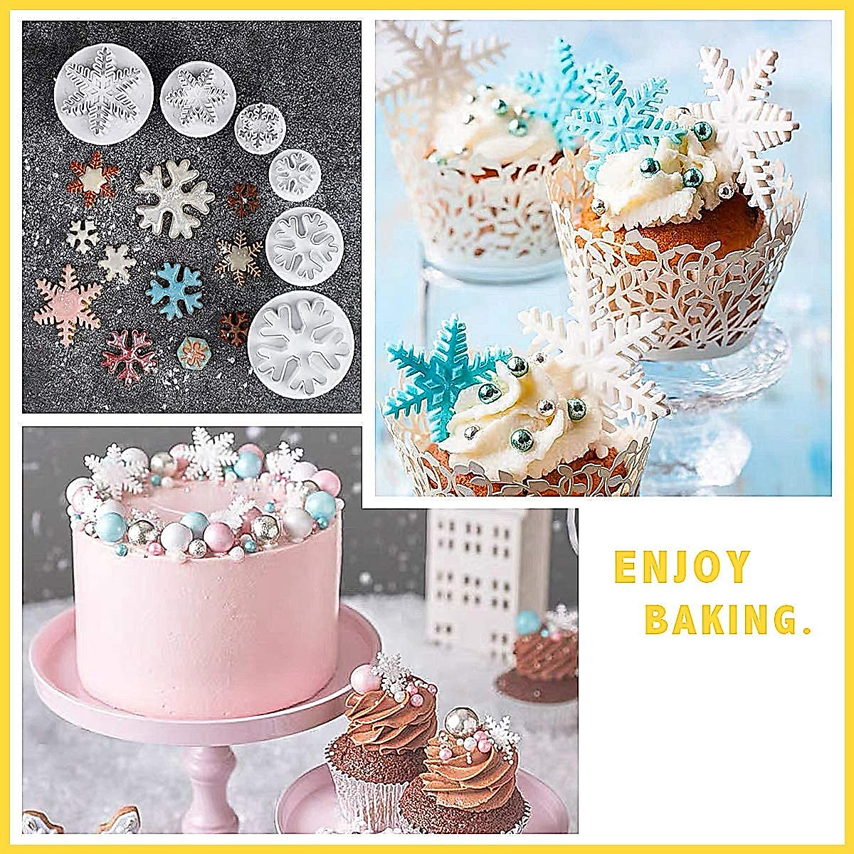 Clever Monster Snowflake Cookie Cutters Set of 6, Plunger Cutter Cake Decorating Supplies Fondant Molds Embossing Tool Snowflake Plunger Cake Cutter