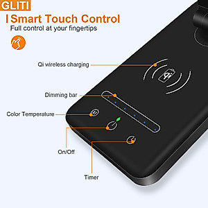 GLITI LED Desk Lamp with Wireless Charging，Dimmable Desk Light, 5 Light Colors, 6 Brightness Levels, Touch Control Table Lamp with USB Rechargeable, Auto Timer, for College Dorm, Home, Office