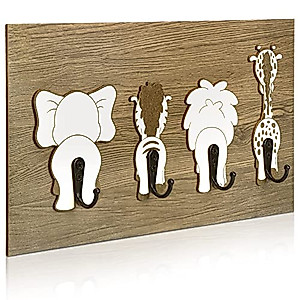 Safari Animal Wall Hooks Animal Nursery Hooks Decor Wooden Kids Coat Wall Mounted Hooks Decorative Elephant Lion Giraffe Zebra Hanger for Nursery Bathroom Bedroom Home Decor