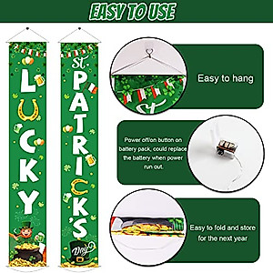 St Patrick's Day Front Door Banners Lighted Irish Shamrock Porch Sign with LED Light Decorations Lucky Door Sign Shamrock Hanging Banner for St Patrick's Day Spring Party Indoor Outside Lighted Decor