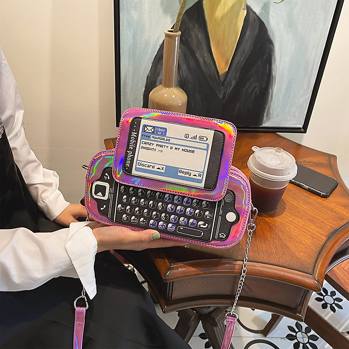 DIVCIDLC Women Funny Bag, Cute Laser Crossbody Bags, Keypad Phone Shaped Shoulder Purse Designer Chain Satchel for Grils, Pink